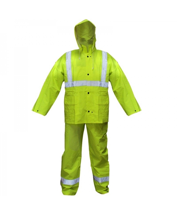 Three-piece lime high visibility rain suit with detachable hood Size S