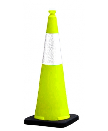 Yellow safety cone with reflective collars, black base