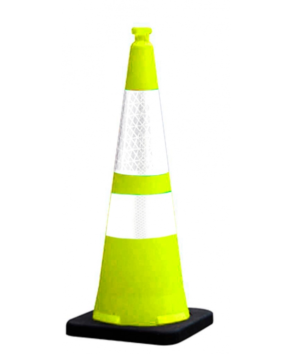 Yellow safety cone with reflective collars, black base